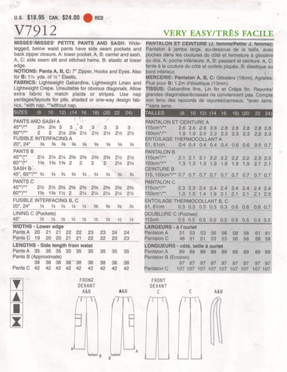 Vogue Pattern 7912 Very Easy Vogue Cargo pants in three views for ...